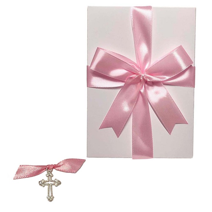 Set 50 cruciulite pentru botez fundita roz si cutie cadou Denikos® CB ...