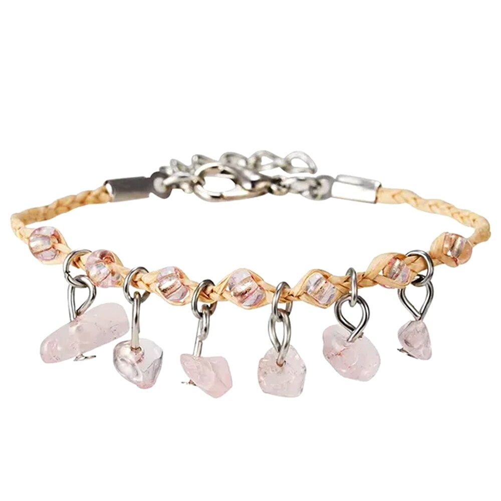 Bratara Boho Cuart roz, piatra dragostei, pentru mana sau glezna, rafie ...