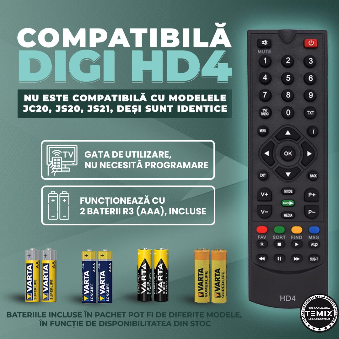 Telecomanda compatibila decodor Digi HD4, TEMIX®, neagra, baterii ...