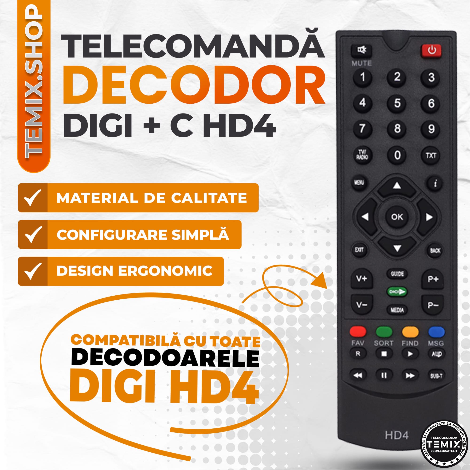 Telecomanda compatibila decodor Digi HD4, TEMIX®, neagra, baterii ...