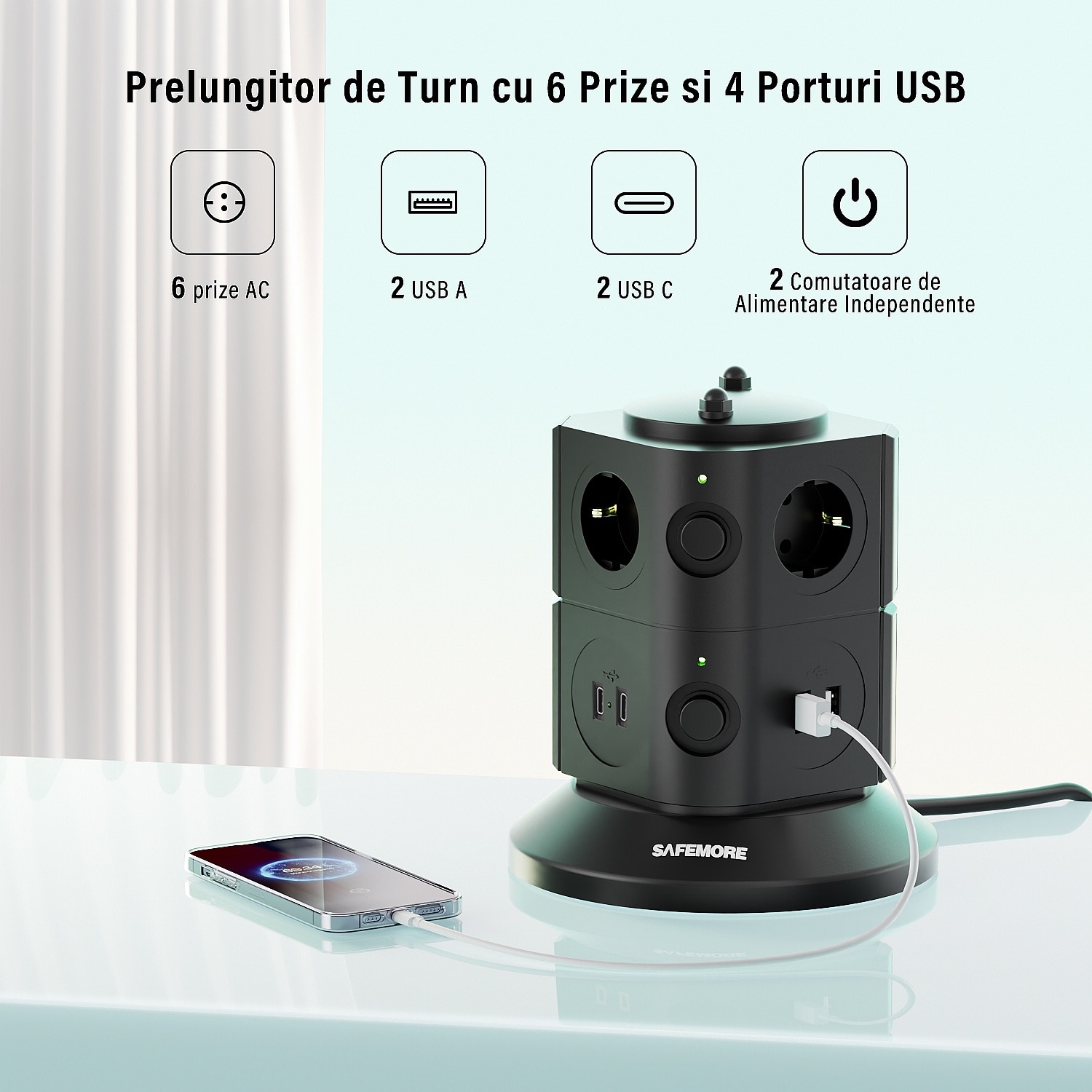 Prelungitor tip turn cu 2 Porturi de tip C, 2 porturi USB A pentru ...