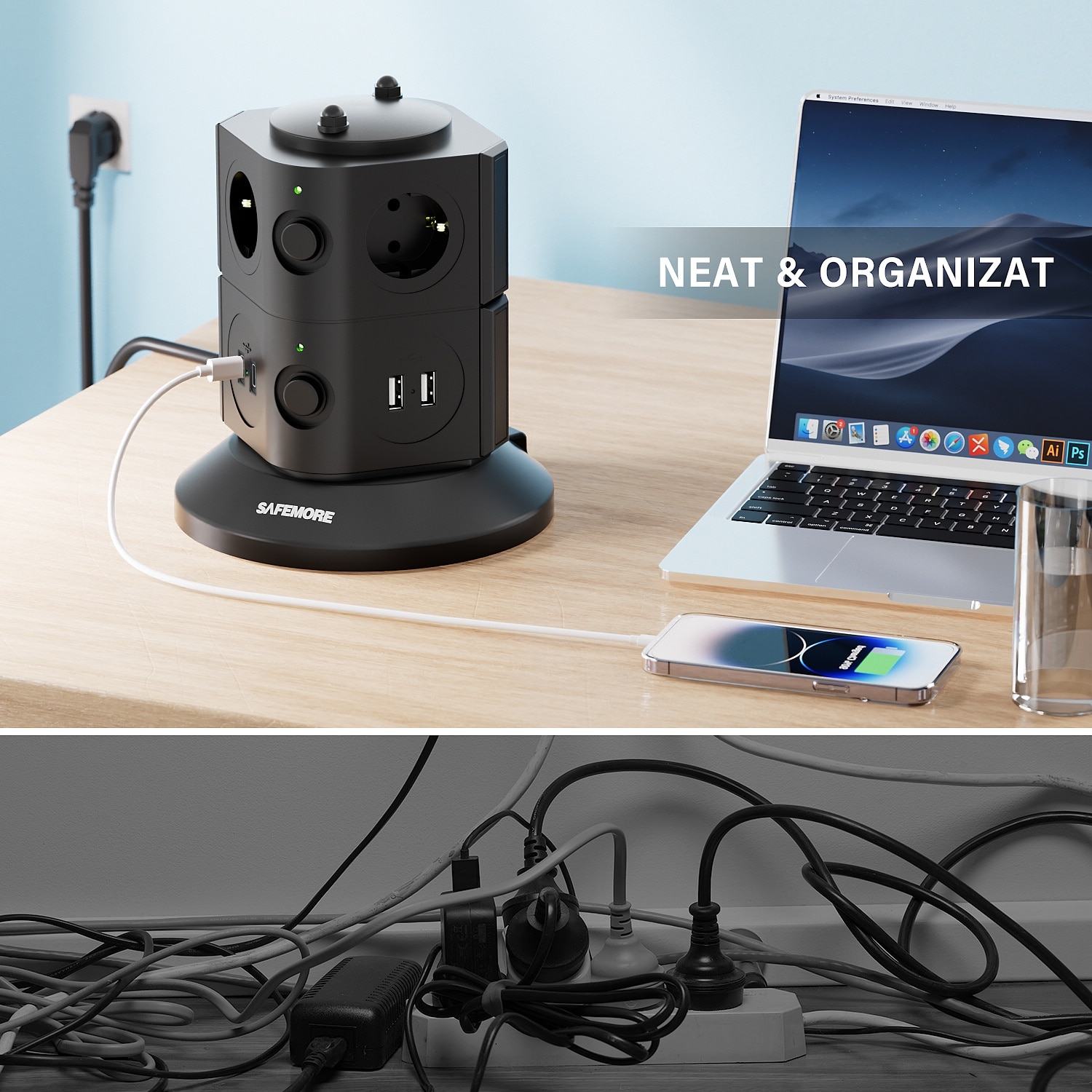 Prelungitor tip turn cu 2 Porturi de tip C, 2 porturi USB A pentru ...