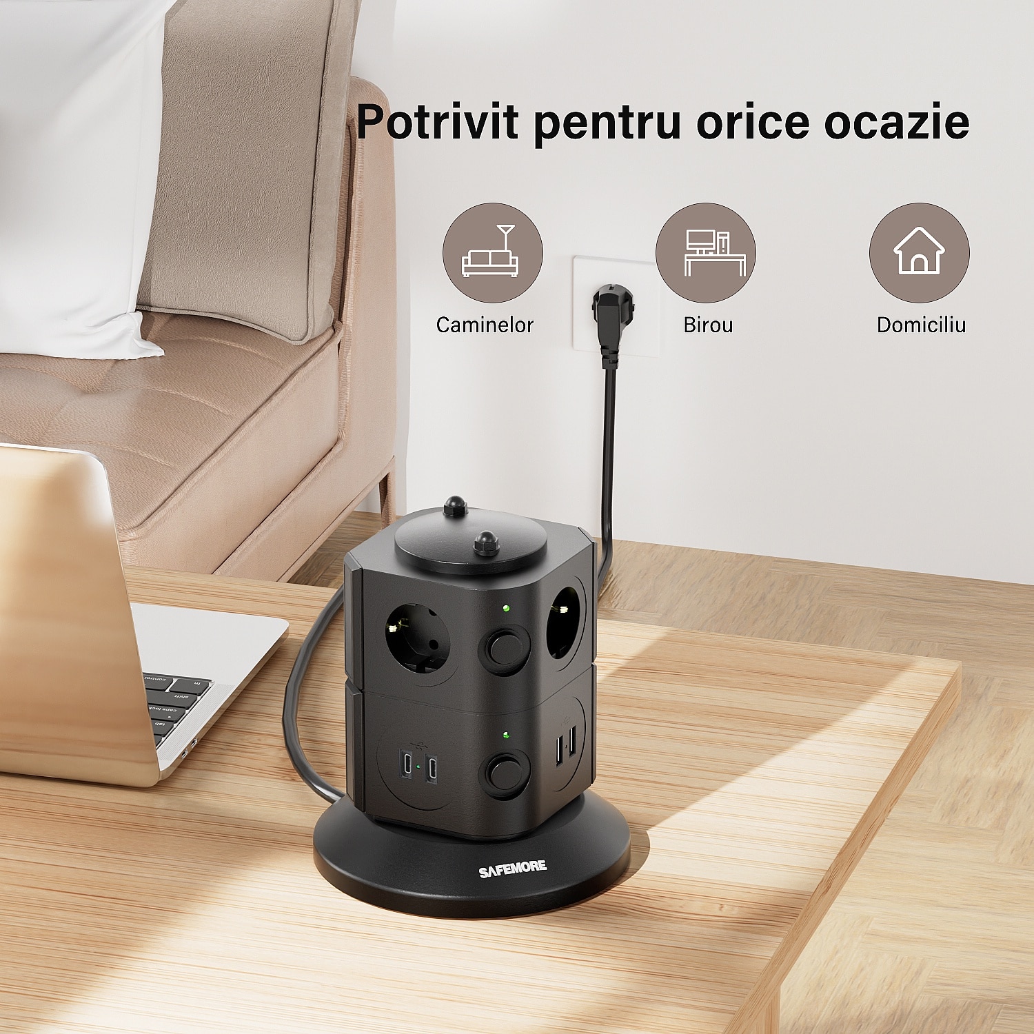 Prelungitor tip turn cu 2 Porturi de tip C, 2 porturi USB A pentru ...
