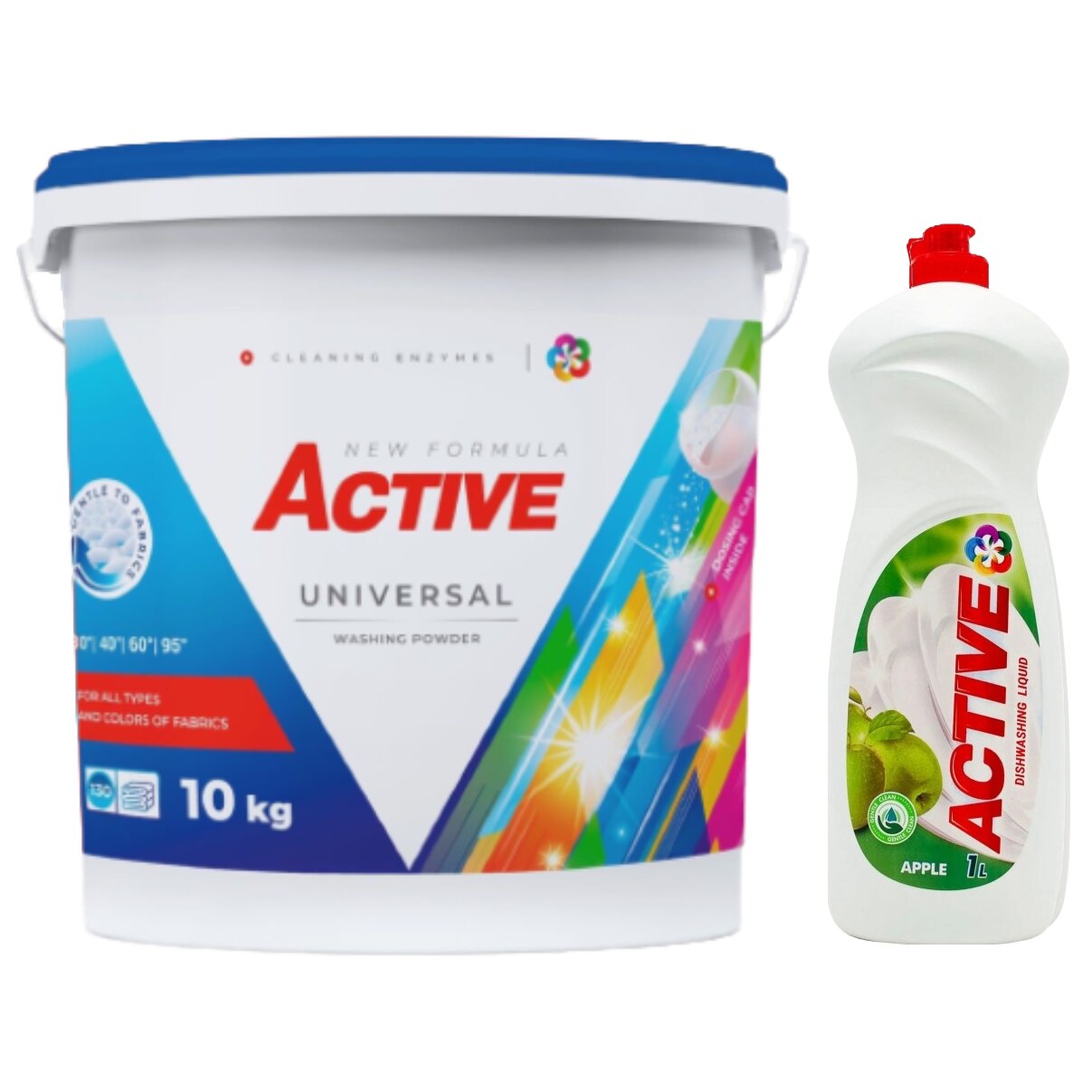 Detergent Universal de rufe pudra Active, galeata 10kg, 130 spalari + Detergent de vase lichid ...