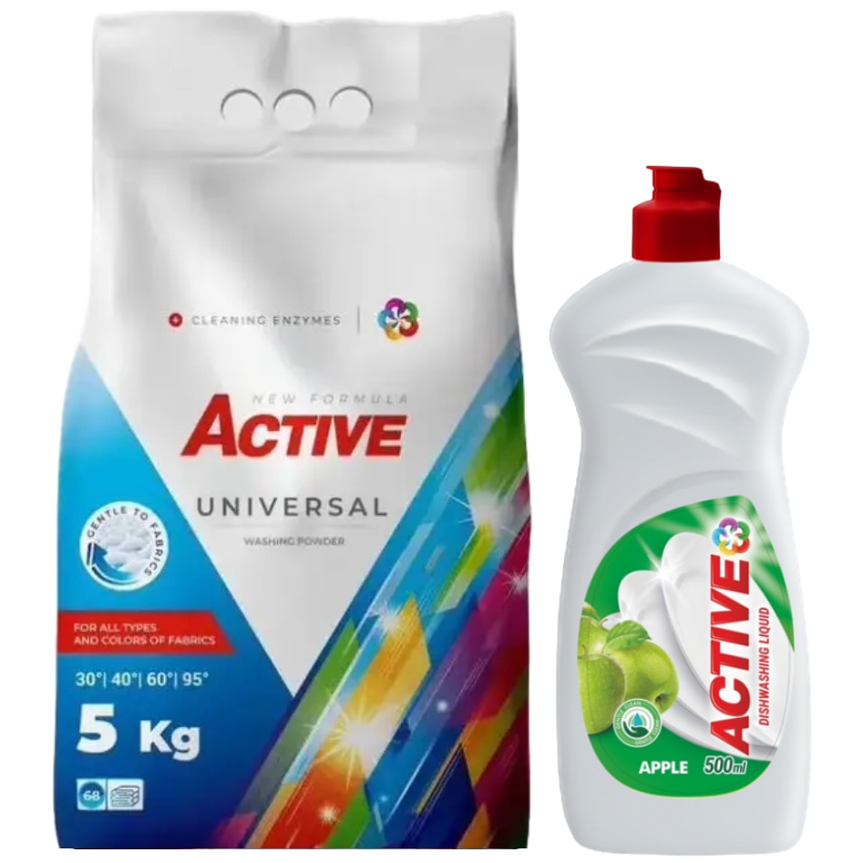 Detergent Universal de rufe pudra Active, sac 5kg, 68 spalari + Detergent de vase lichid Active ...