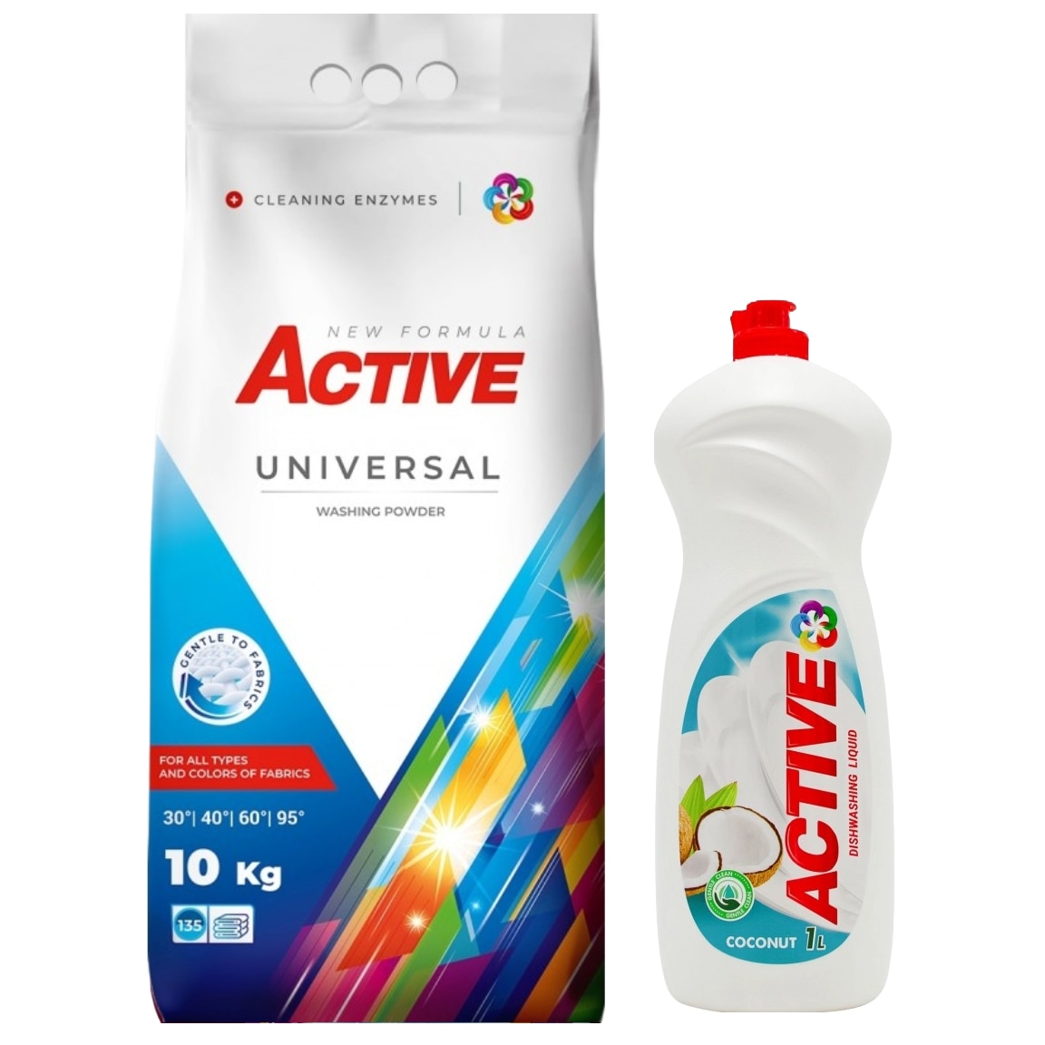 Detergent Universal de rufe pudra Active, sac 10kg, 135 spalari + Detergent de vase lichid ...