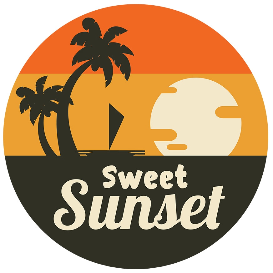 Sticker Cu Priveliste Apus De Soare, Plaja Cu Sezlong, Text In Engleza Sweet Sunset, Palmieri ...