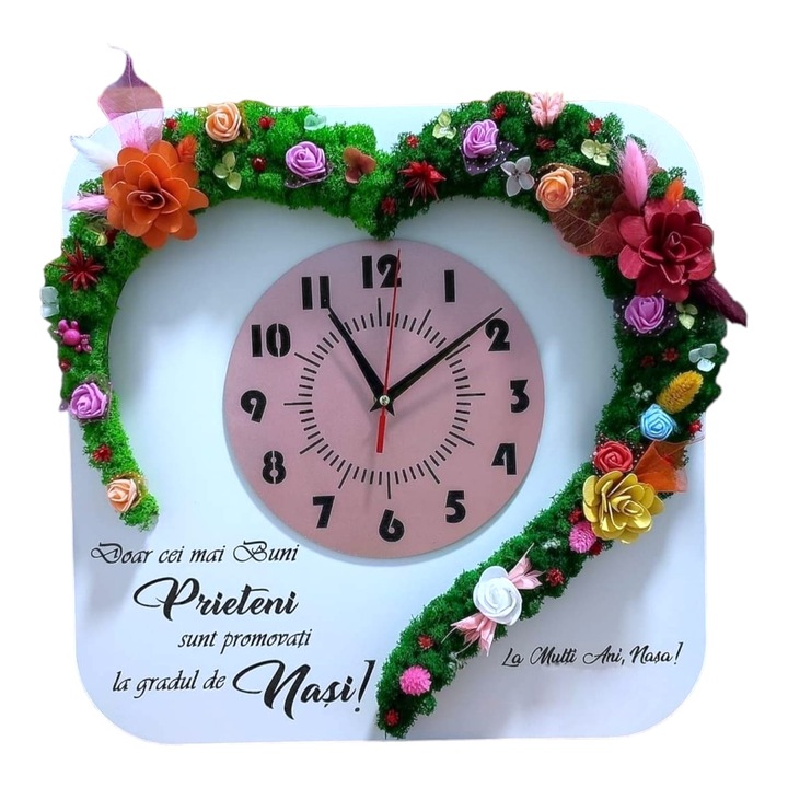 Ceas perete decorativ, decorat cu licheni stabilizati, cu mesaj ...