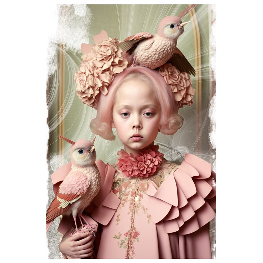 Sticker Cu Portret Fata Mica, Pasari Bizare, Alba Ca Zapada, Tinuta Roz ...