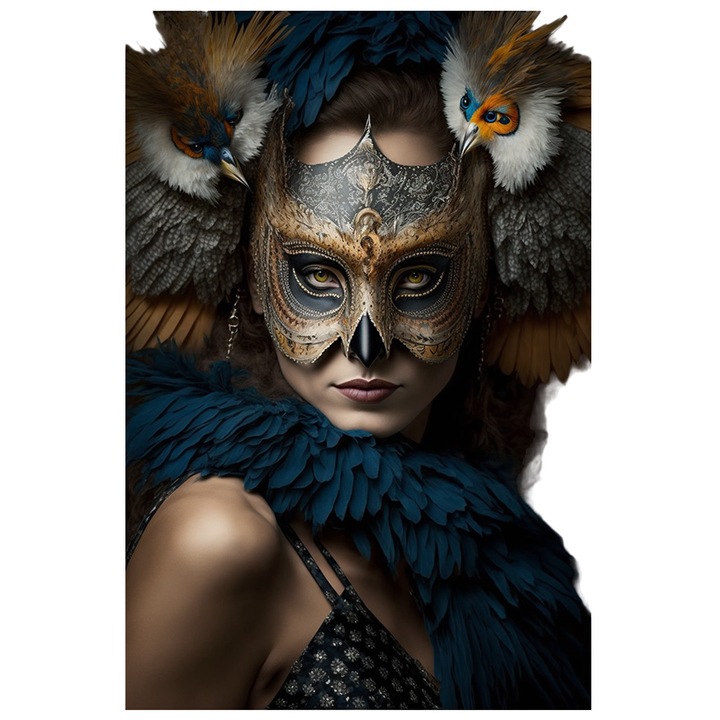 Sticker Cu Portret Femeie Cu Masca De Pasare, Doua Pasari Tropicale ...