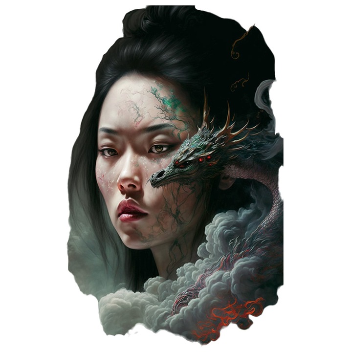 Sticker Cu Portret Fata Asiatica Par Brunet Dragon Cu Ochii rosii, Fum ...