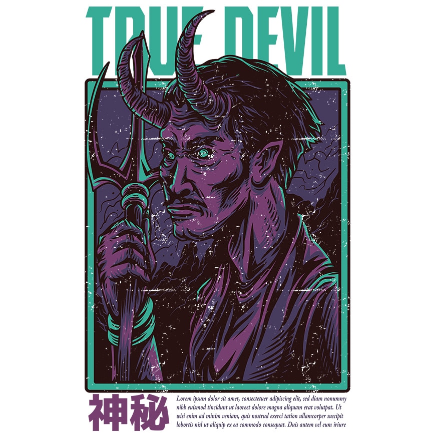 Sticker Cu Text In Engleza True Devil, Monstru Mov Chip Uman Cu Coarne ...