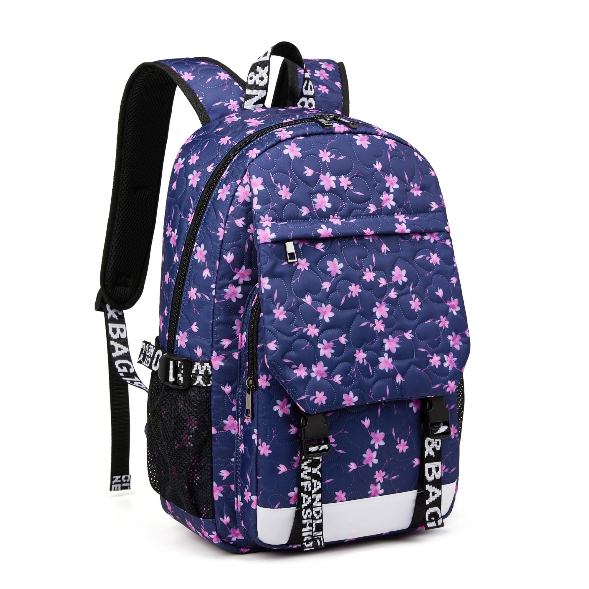 Ghiozdan smart, multifunctional, cu port USB, imprimeu Flori, rezistent ...