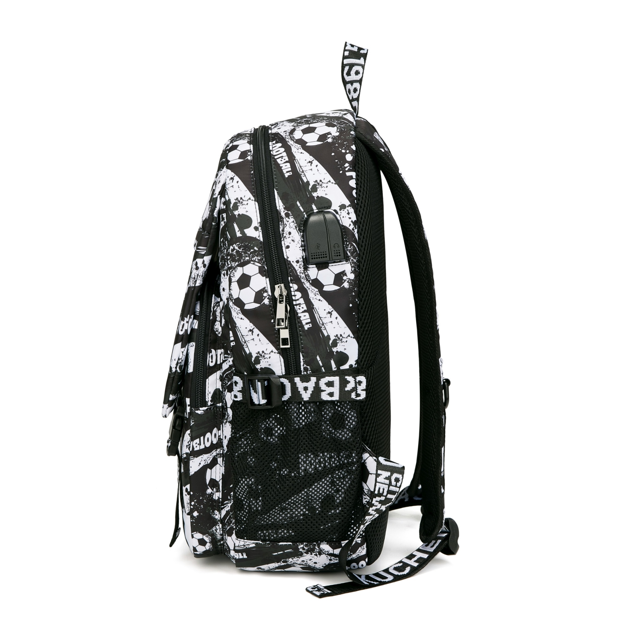 Ghiozdan smart, multifunctional, cu port USB, imprimeu Fotbal ...