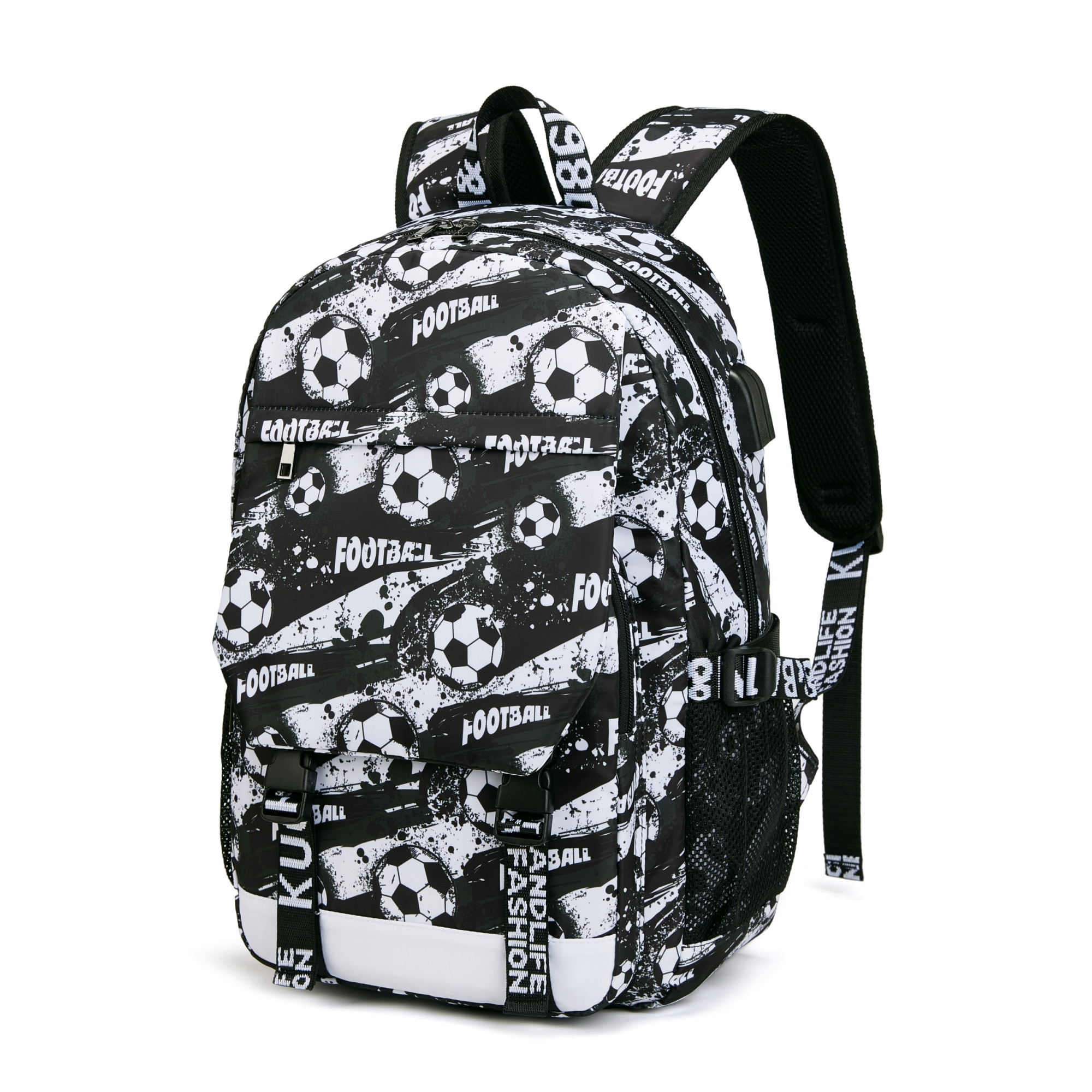 Ghiozdan smart, multifunctional, cu port USB, imprimeu Fotbal ...