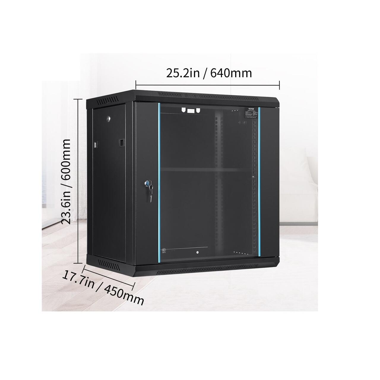 Rack metalic de perete 19'', Vevor 12U, usa din sticla, 640 x 450 x 600 ...