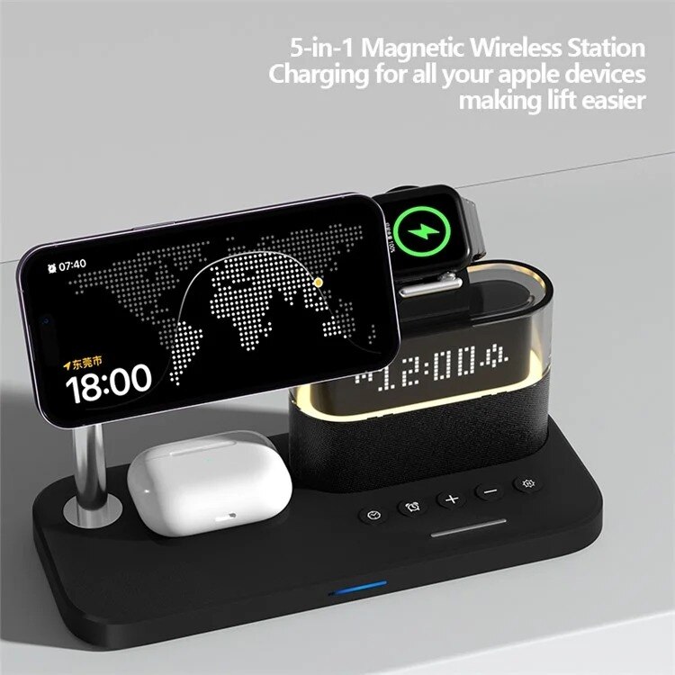 Statie de Incarcare Wireless 5 in 1 cu Ceas si Lumina LED, pentru ...
