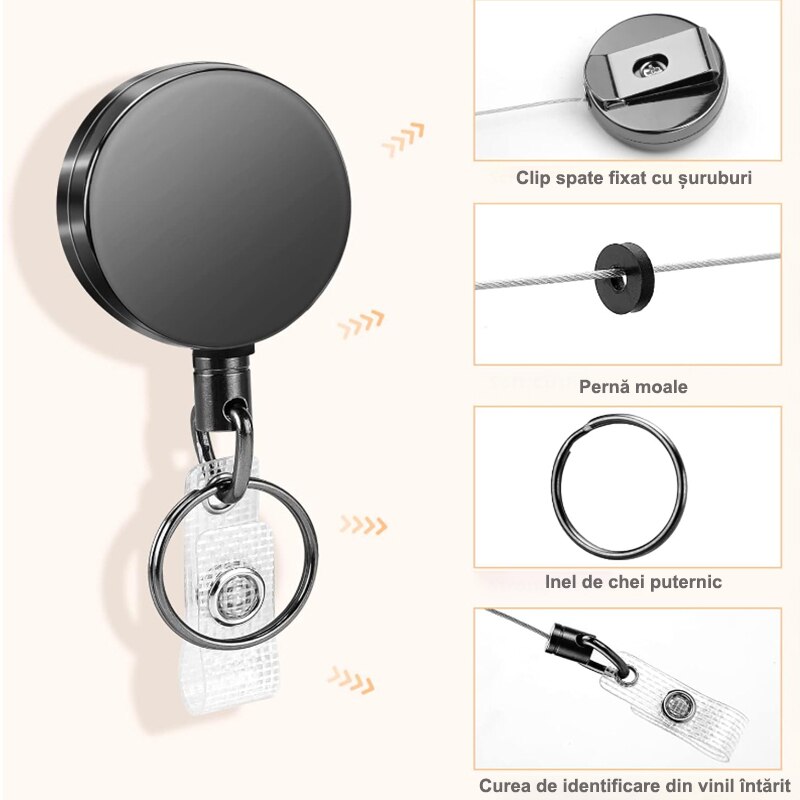 Set 2 clipsuri rola, Rqiurpn, cu snur retractabil pentru ecuson, Negru/Argintiu - eMAG.ro