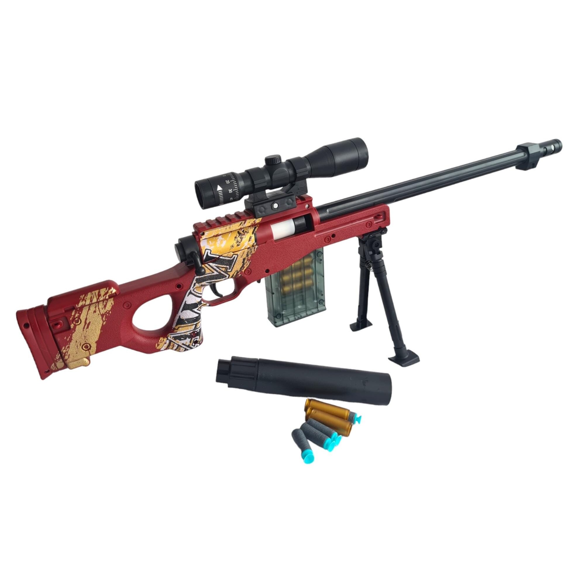 Pusca de jucarie cu incarcare manuala, luneta, 55 cm, cartuse cu ...