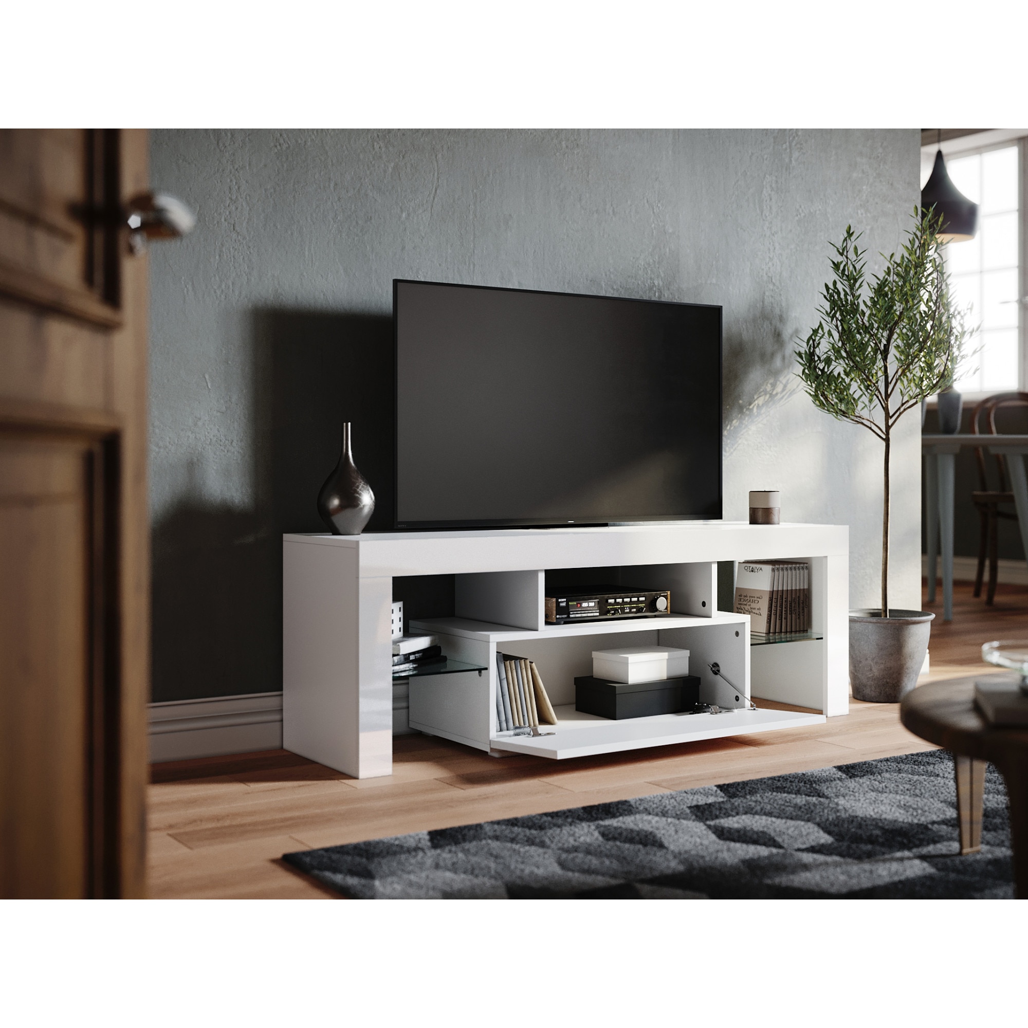 Comoda TV cu lumina LED, Cu usa plianta, Cu raft de sticla, Design fara ...