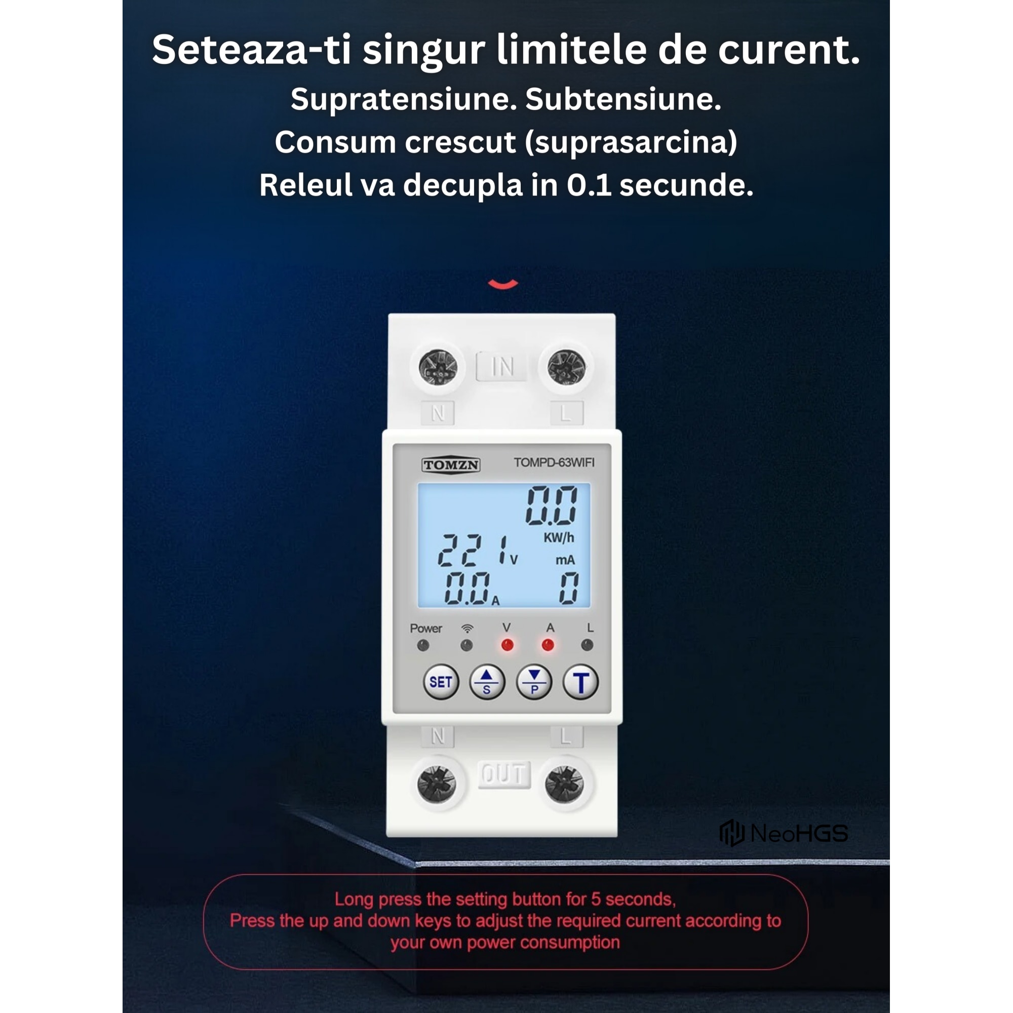 Releu monofazic WIFI, contor de energie inteligent, NeoHGS Tomzn, protectie supratensiune ...