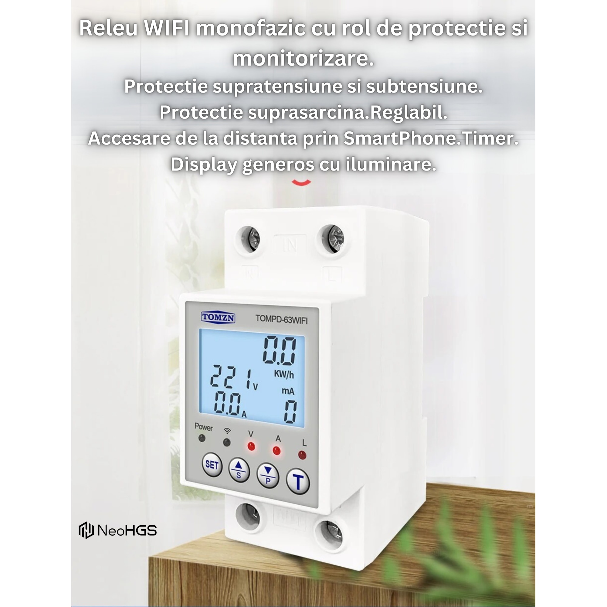 Releu monofazic WIFI, contor de energie inteligent, NeoHGS Tomzn, protectie supratensiune ...