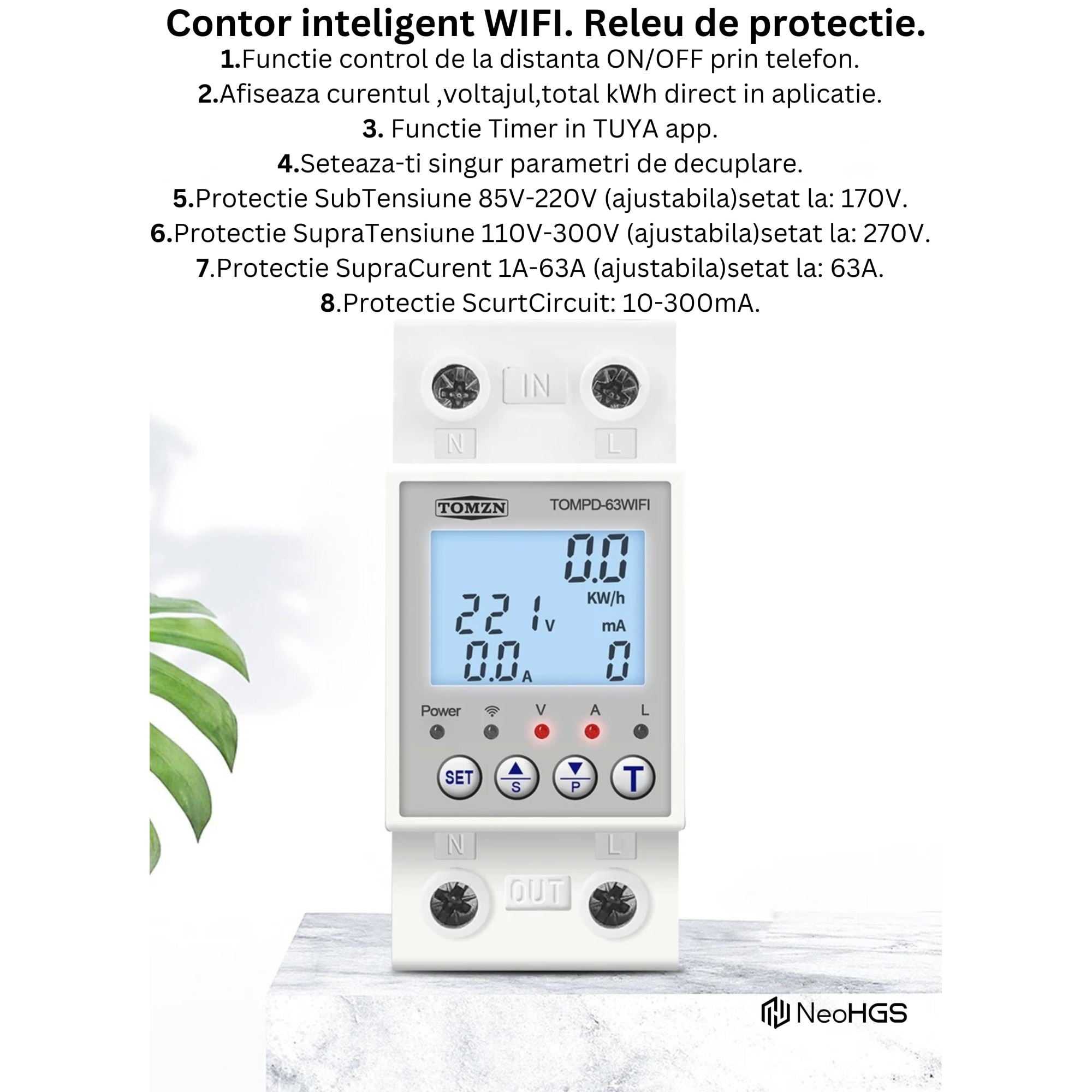 Releu monofazic WIFI, contor de energie inteligent, NeoHGS Tomzn, protectie supratensiune ...