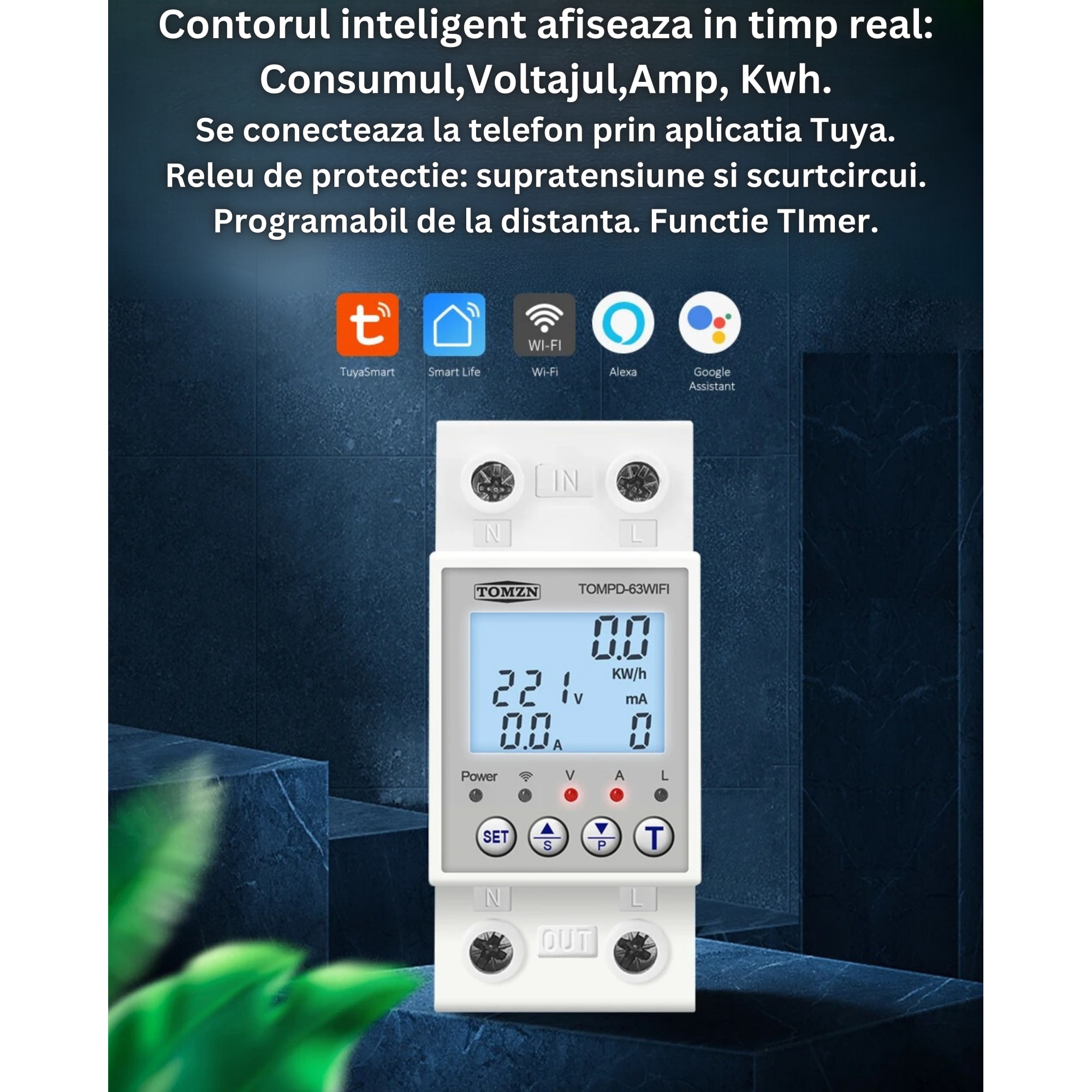 Releu monofazic WIFI, contor de energie inteligent, NeoHGS Tomzn, protectie supratensiune ...