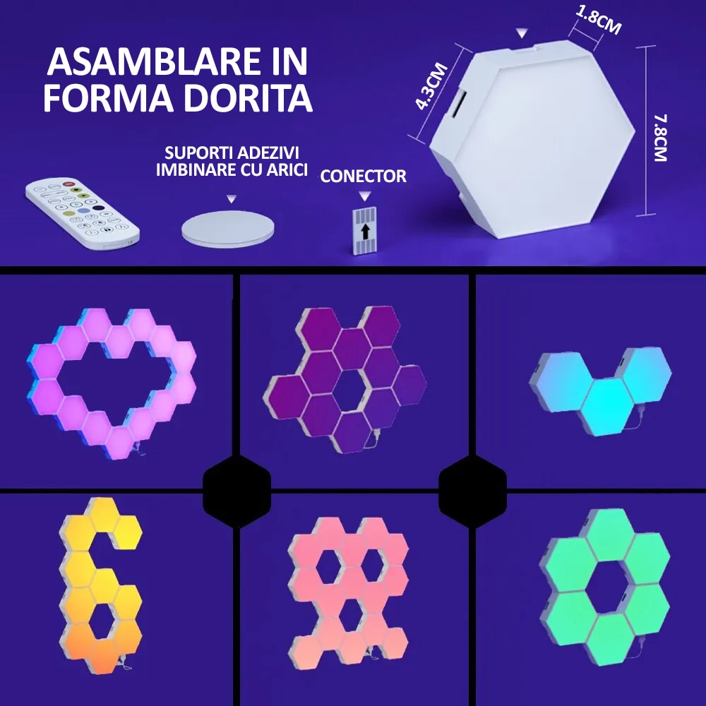 Set 12 lampi RGB hexagonale modulare de perete, NEXTLY, control prin ...