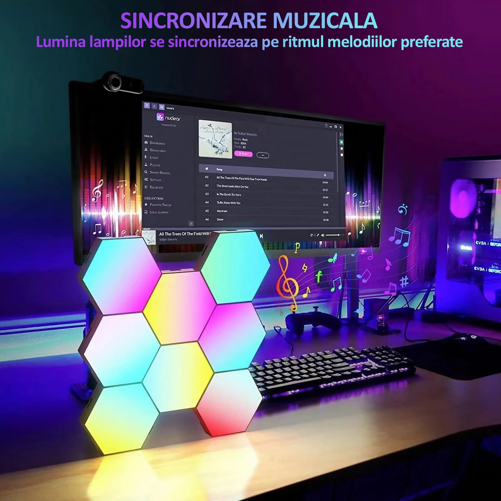 Set 12 lampi RGB hexagonale modulare de perete, NEXTLY, control prin ...