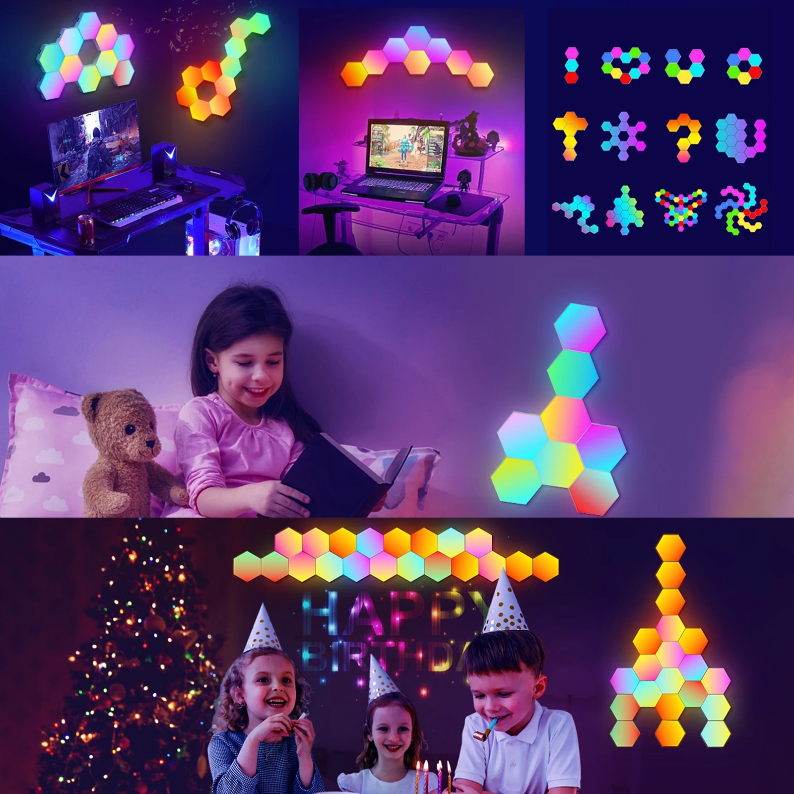 Set 12 lampi RGB hexagonale modulare de perete, NEXTLY, control prin ...