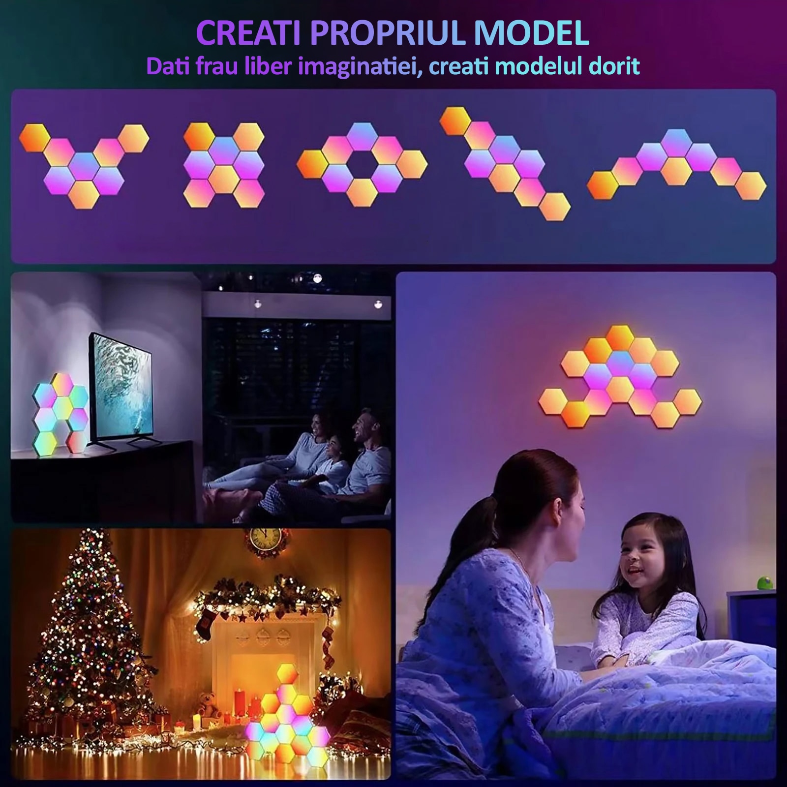 Set 12 lampi RGB hexagonale modulare de perete, NEXTLY, control prin ...