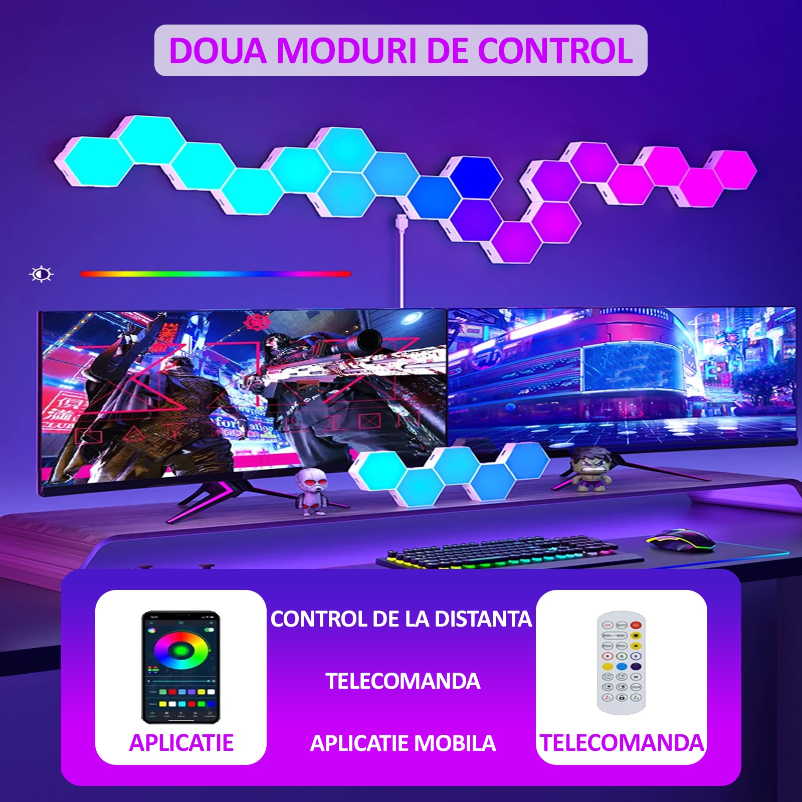 Set 8 lampi RGB hexagonale modulare de perete, NEXTLY, control prin ...
