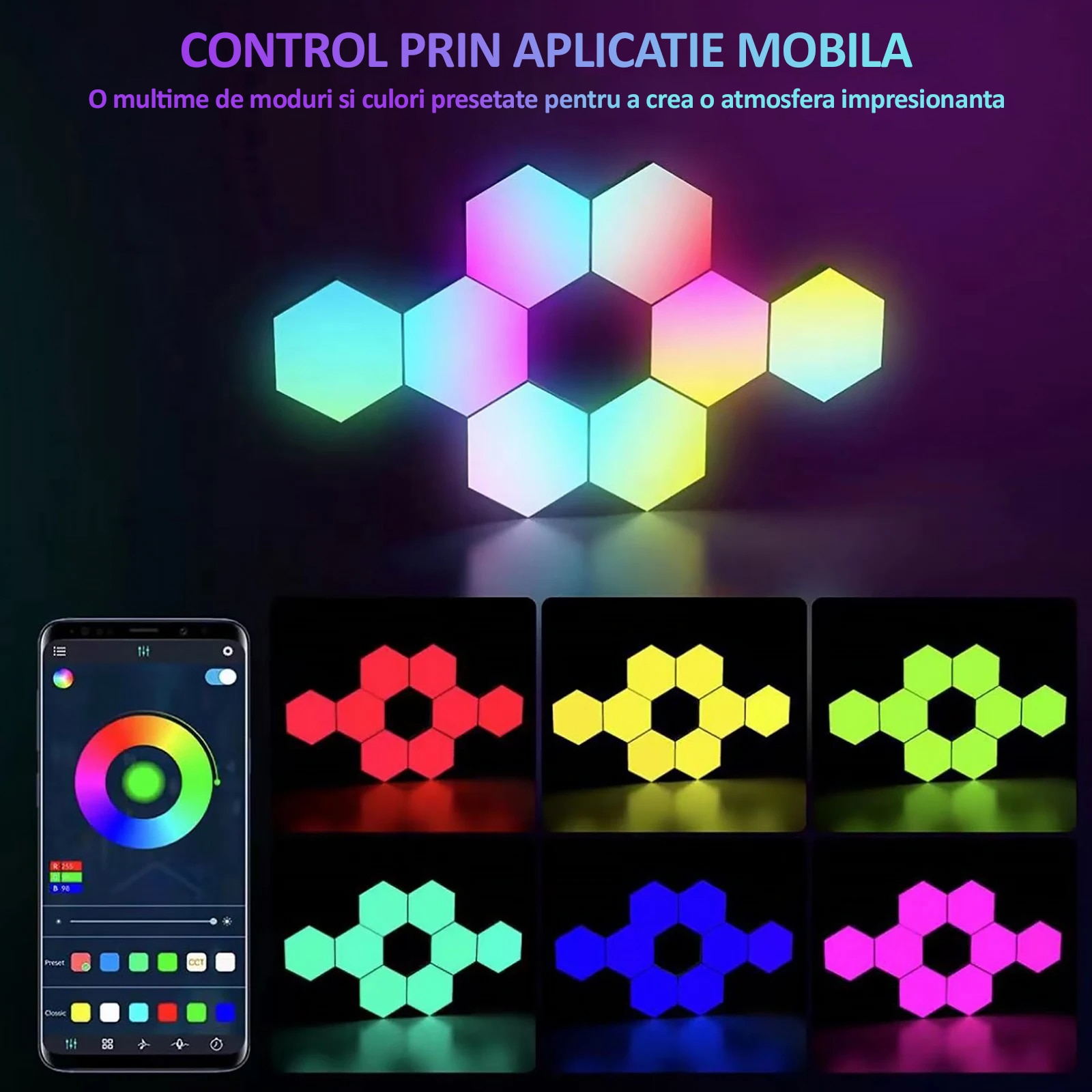 Set 12 lampi RGB hexagonale modulare de perete, NEXTLY, control prin ...