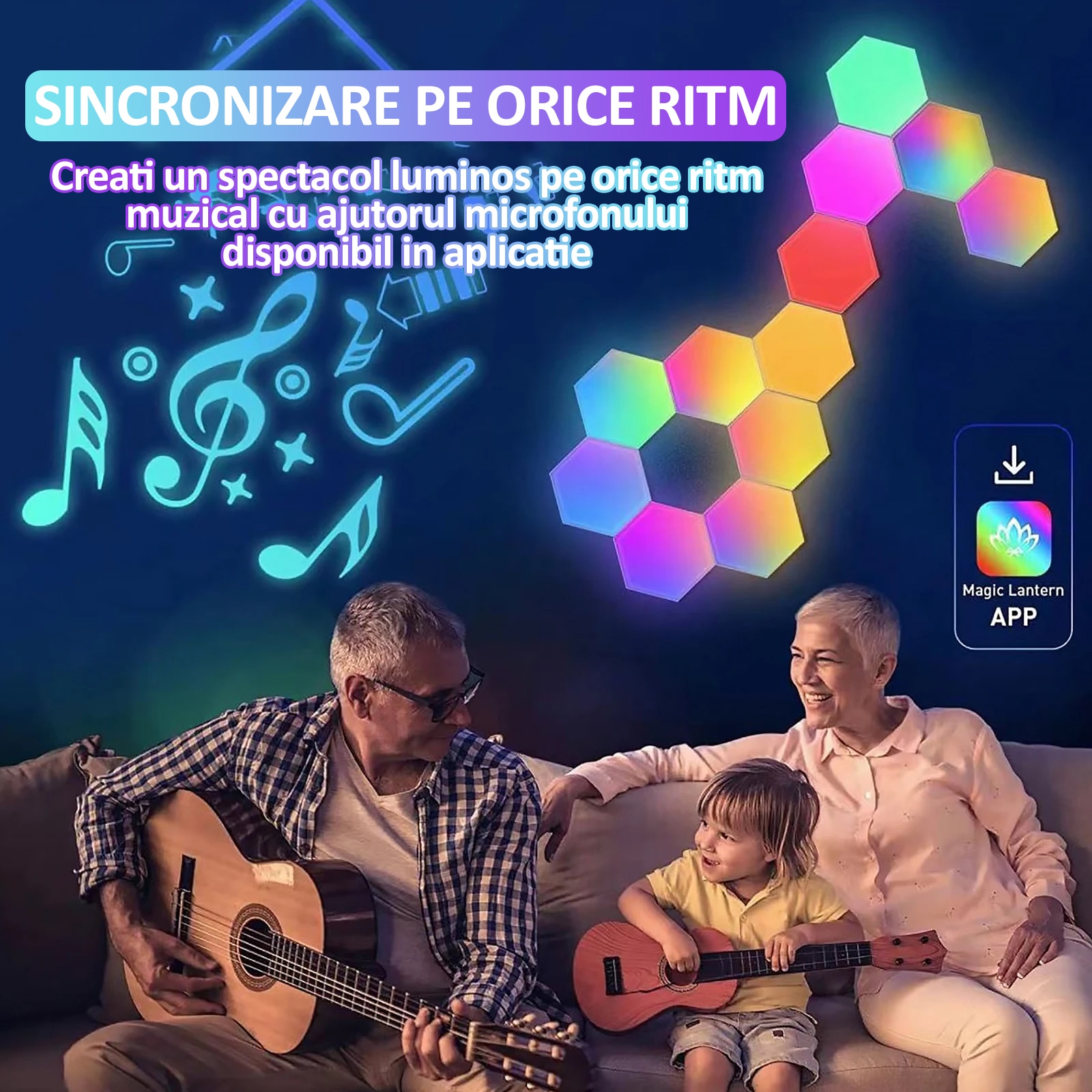 Set 8 lampi RGB hexagonale modulare de perete, NEXTLY, control prin ...