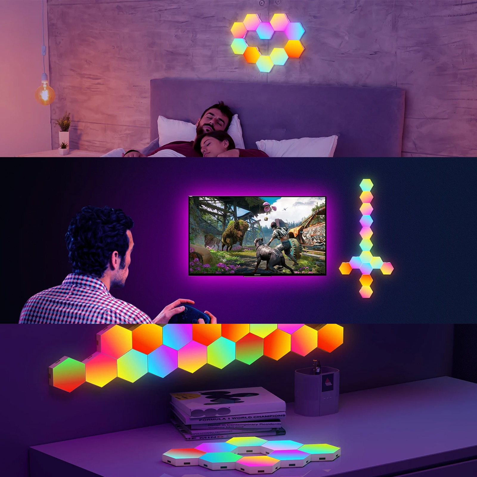 Set 12 lampi RGB hexagonale modulare de perete, NEXTLY, control prin ...