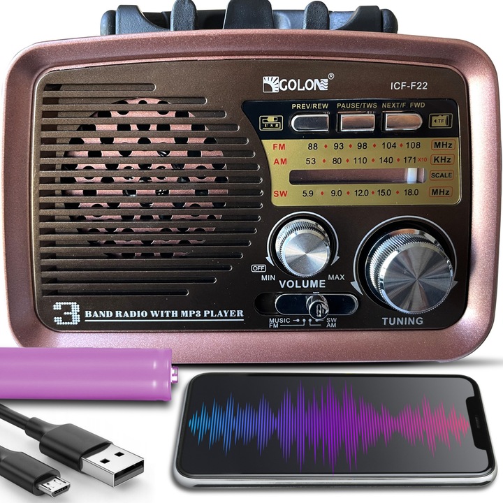 Mini Radio Retro Portabil, Baterie Incorporata, Bluetooth, USB, SD Card ...