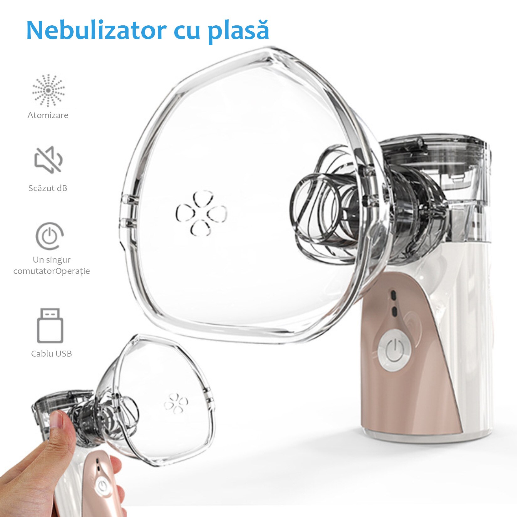 Aparat Aerosoli Wacorresi，Nebulizator ultrasonic，Portabil, Ultra Silentios, Masca, USB-C, pentru ...