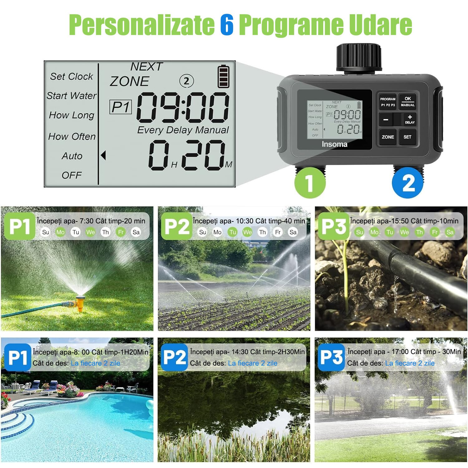 Programator Irigare Gradina, BYONDSELF®, 2 Iesiri, LCD, Programabil ...