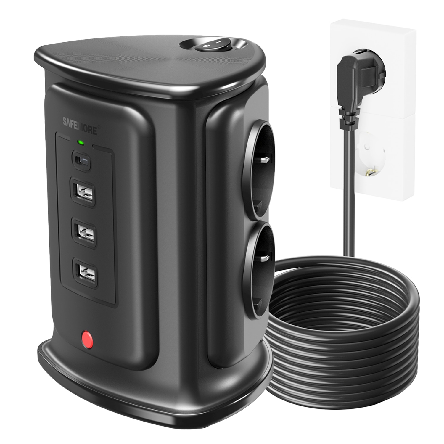 SAFEMORE 1 Type-C port, 3 USB A gyorstöltő port, 4 AC kimenet, túlfeszültség elleni védelem ...