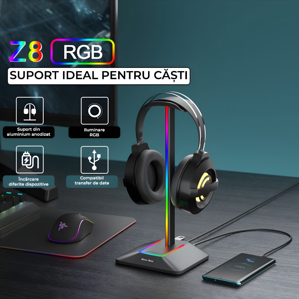 Suport casti gaming cu iluminare ambientala RGB, functie transfer date ...