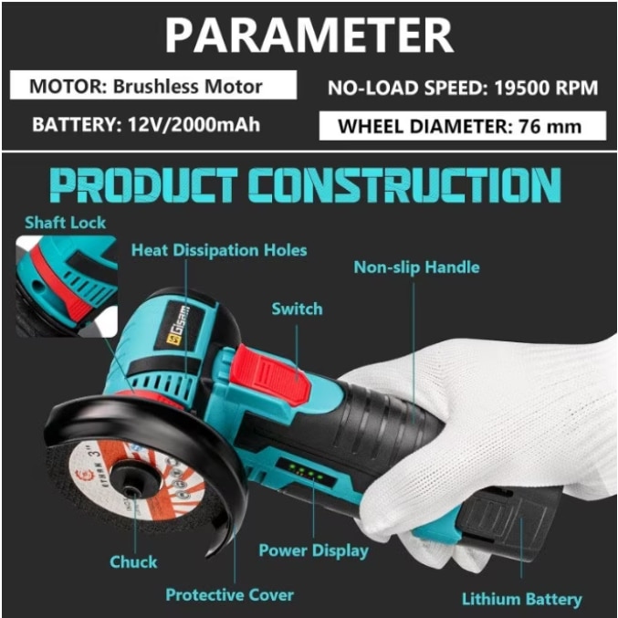 Mini polizor flex unghiular portabil ATT® 2 acumulatori 12V, 750W, 1500 ...