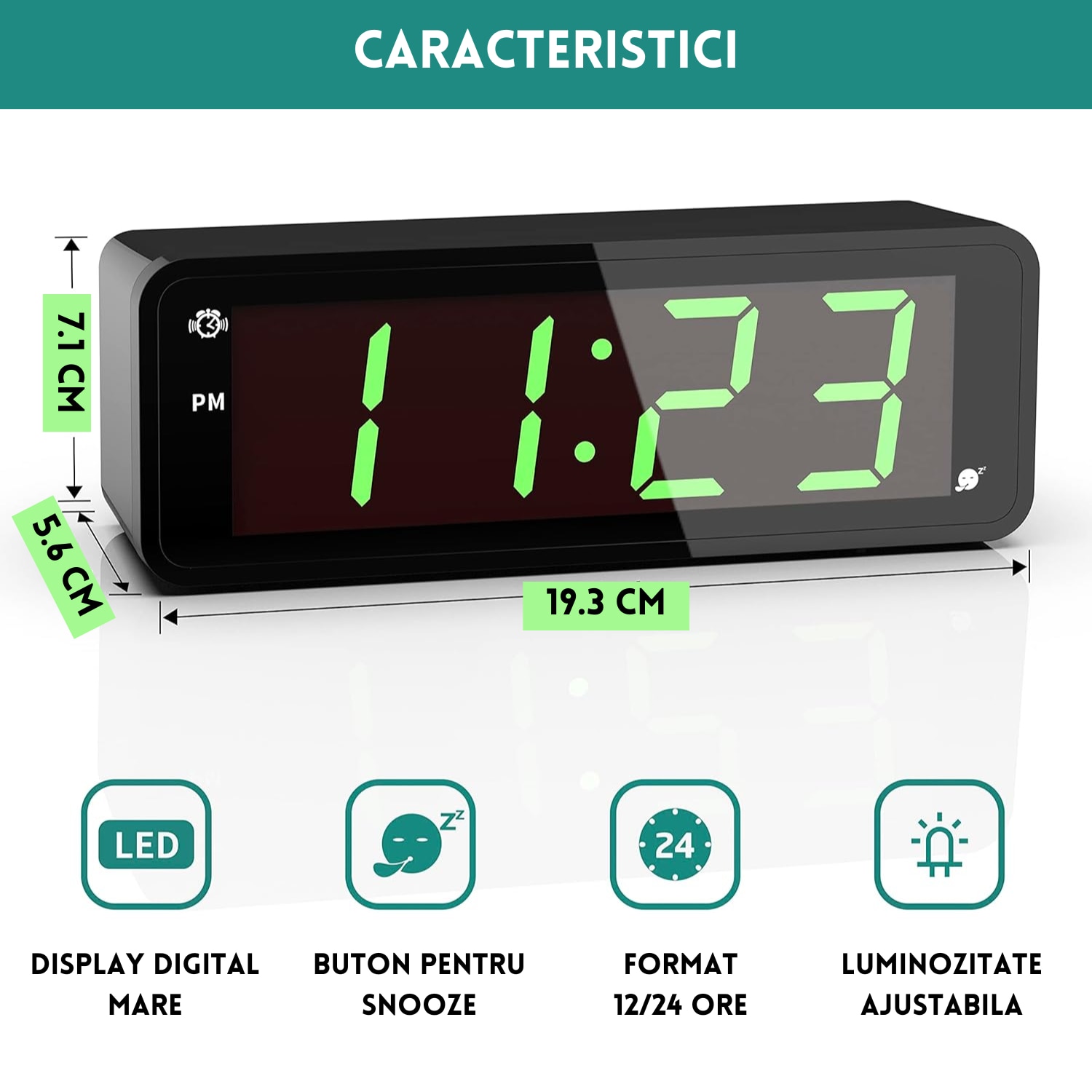 Ceas digital cu alarma si functie de amanare, ecran cu afisaj LED, 12/ ...