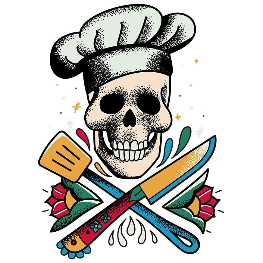 Sticker Cu Cap Craniu Uman Cu palarie De Cheff Bucatar, Instrumente De ...