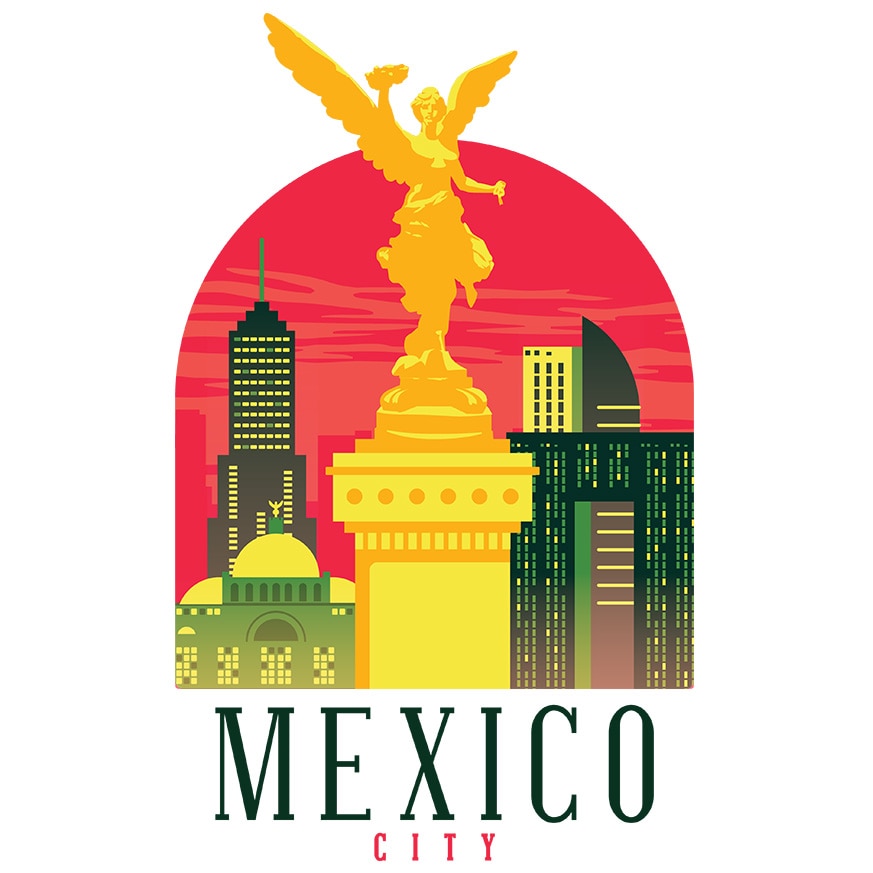 Sticker Mexico City, Statue, Blocuri, Apus, Arta, Colaj, Design Creative, cu Margini Albe, PVC ...