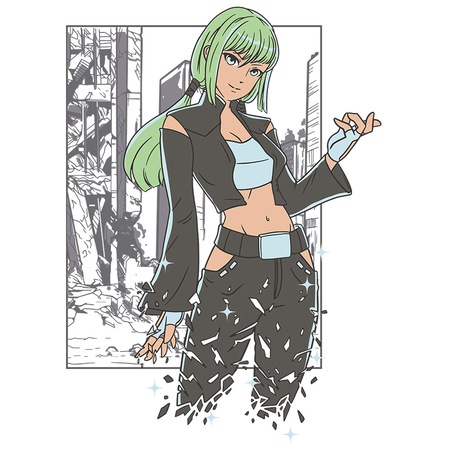 Sticker Cu Fata Anime Cu Breton Par Verde, Costum De Erou, Cladiri ...
