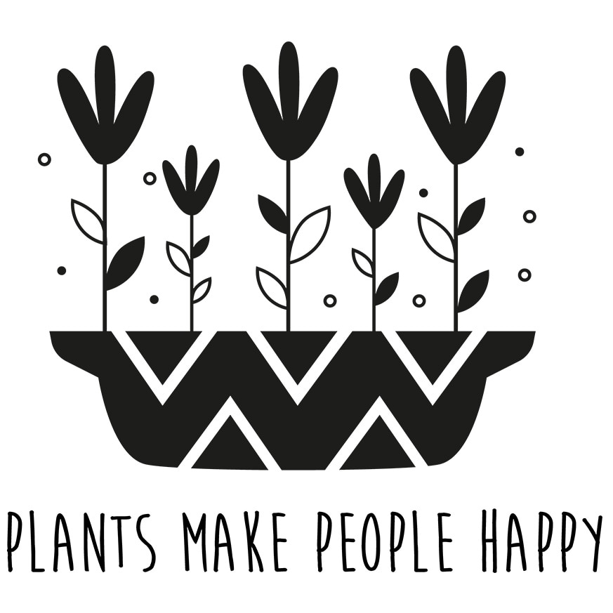 Стикер с посланието Plants Make People Happy, растения във ваза ...