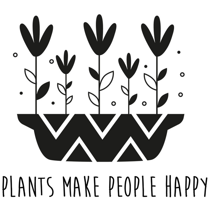 Стикер с посланието Plants Make People Happy, растения във ваза ...
