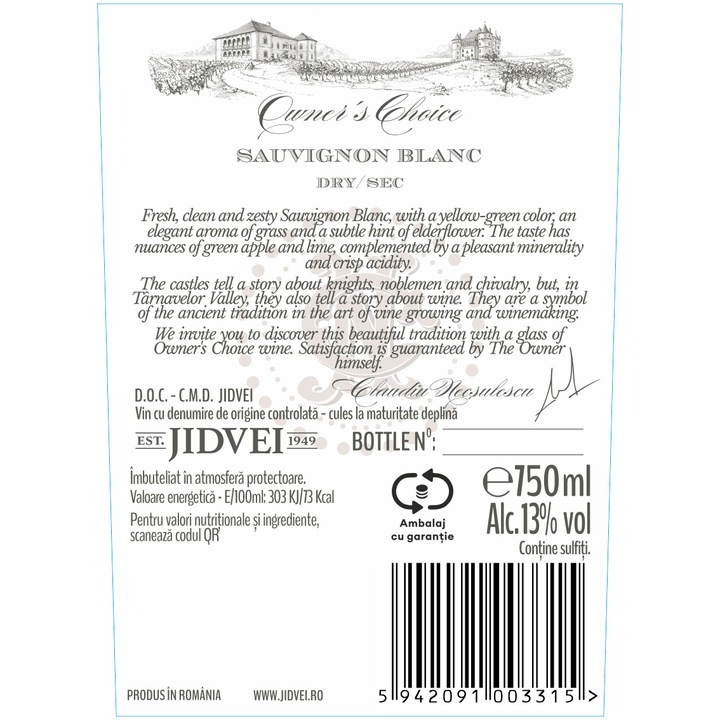 Vin Alb Jidvei Owners Choice Ana Sauvignon Blanc, Sec, 0.75l - eMAG.ro