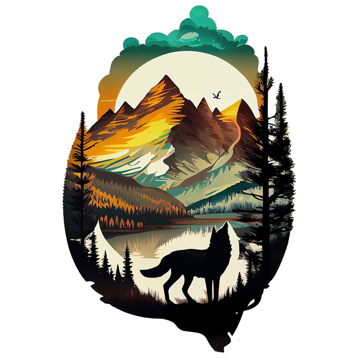 Sticker Cu Pictura Curgatoare Peisaj Salbatic, Lup Uitandu-se In Zare ...